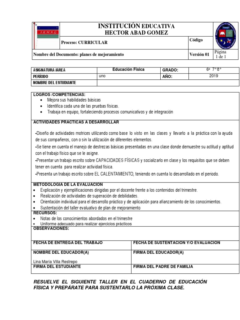 Plan Mejoramiento Periodo 1 Edu Fisica - 2019 | PDF Plan Mejoramiento Periodo 1 Edu Fisica - 2019 | PDF