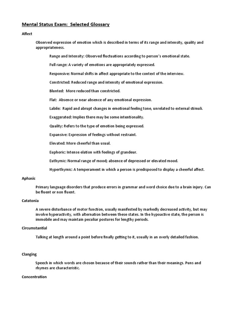 Mental Status Exam: Selected Glossary: Affect | PDF | Hallucination ...