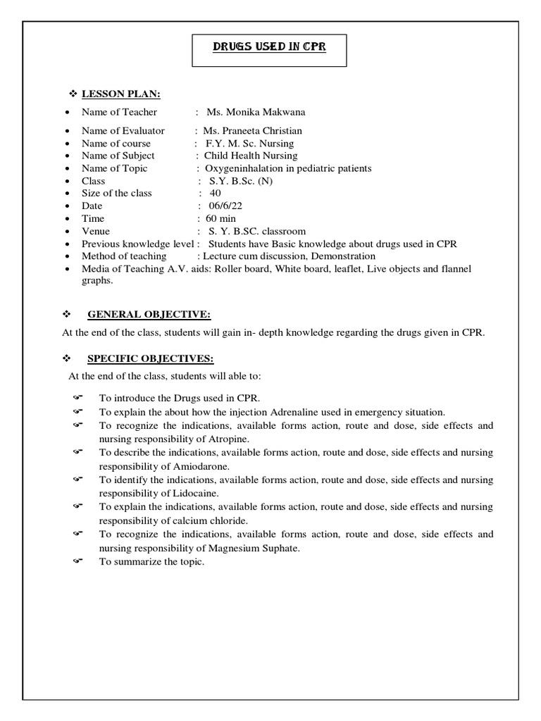 Drugs Used in CPR - Lesson Plan | PDF | Intravenous Therapy | Heart