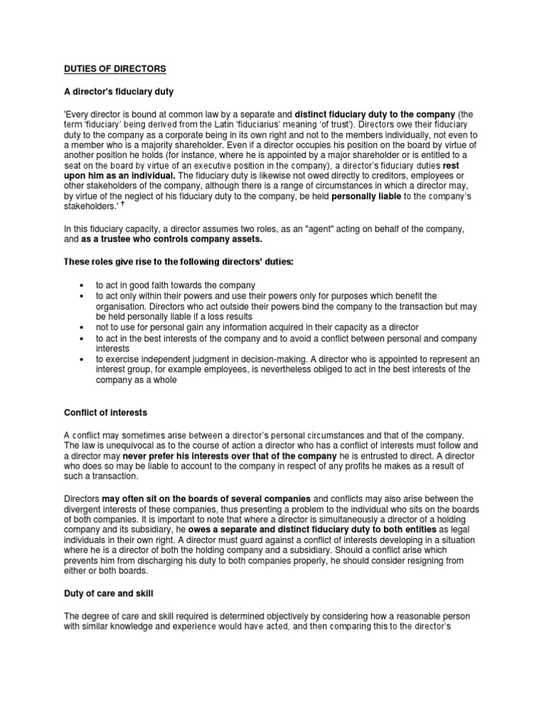 Duties of Directors | Fiduciary | Board Of Directors