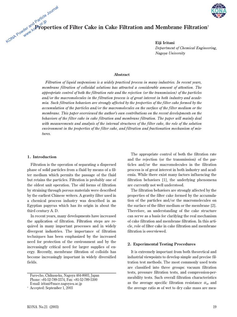 Properties Of Filter Cake In Cake Filtration And Membrane Filtration Pdf