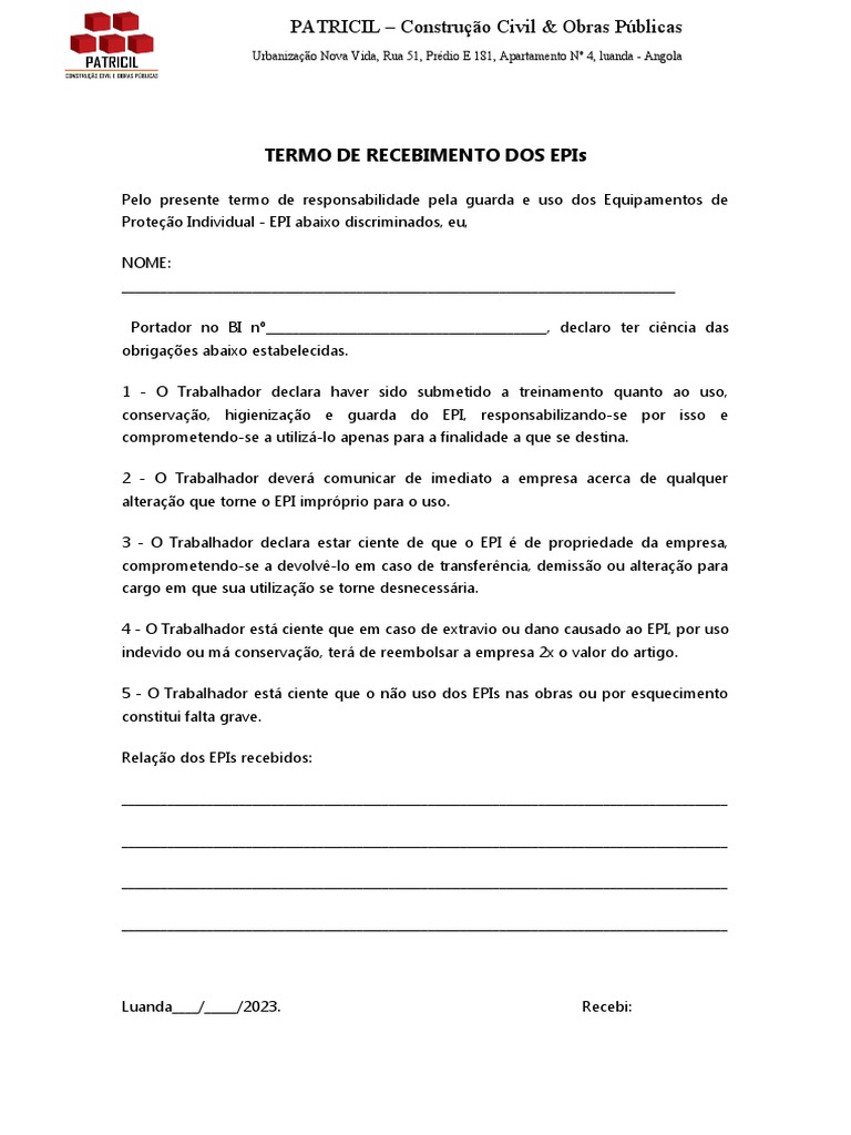 Termo de Recebimento e Responsabilidade Do Epi | PDF