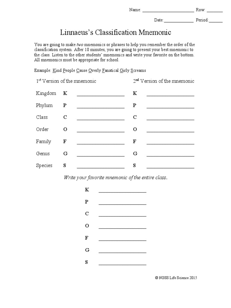 Mnemonic Classification Activity | PDF