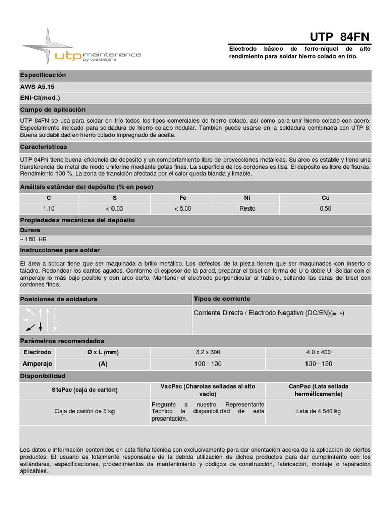 Soldaduras Utp Utp 84fn | PDF | Construcción | Soldadura
