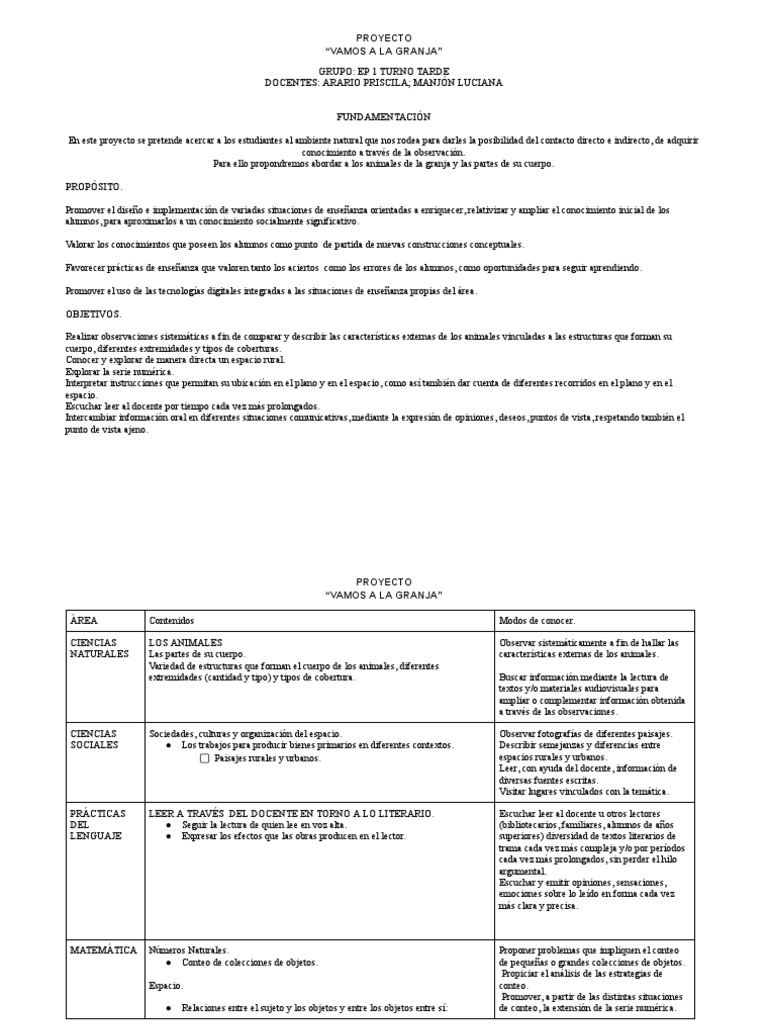 Proyecto Educativo: Animales de Granja | PDF | Enseñando | Conocimiento