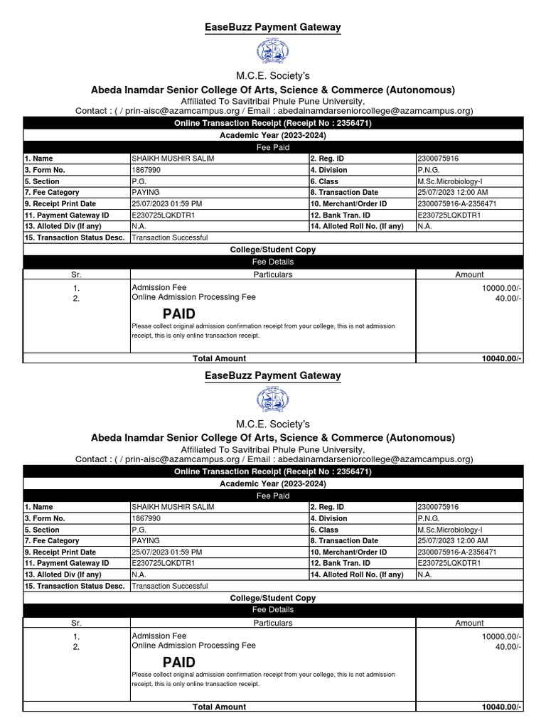 Online Fee Receipt 2023-2024 | PDF
