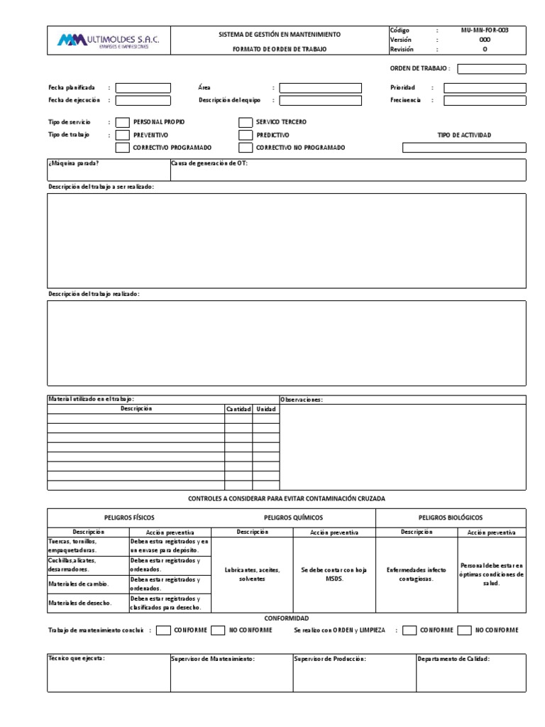 Mu-mn-For-003 Formato de Orden de Trabajo Rev. 0 | PDF