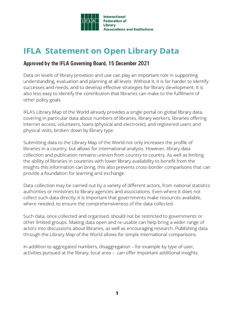 IFLA Statement On Open Library Data | PDF | Libraries | Data