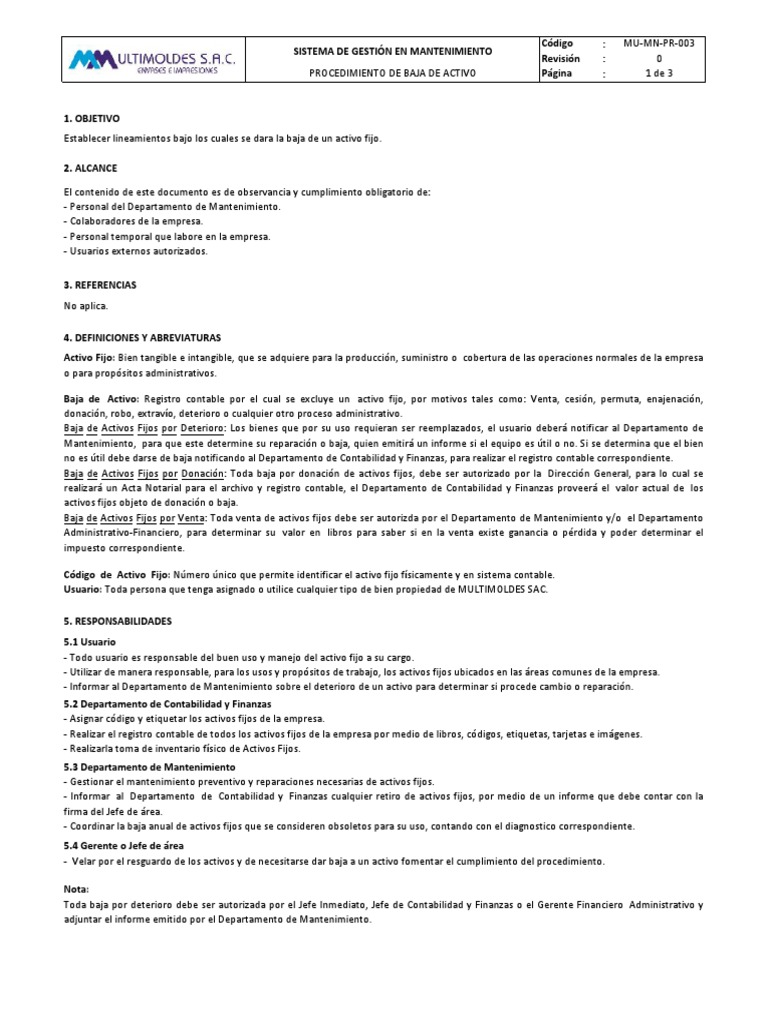MU-MN-PR-003 PROCEDIMIENTO DE BAJA DE ACTIVO Rev. 0 | PDF ...