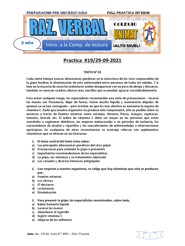 Raz. Verbal - Practica 19 - 2 Do Año - Intro. A La Com. de Lectura | PDF | Influenza | Vitamina