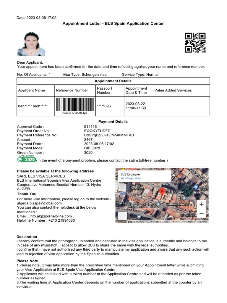 BLS Spain Visa Appointment Confirmation | PDF