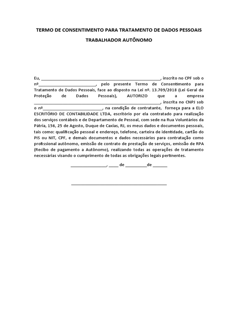 Termo de Consentimento Para Tratamento de Dados Pessoais Autônomos | PDF Termo de Consentimento Para Tratamento de Dados Pessoais Autônomos | PDF
