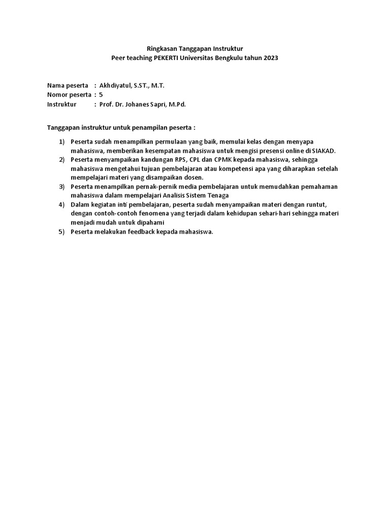 Tanggapan Instruktur Peer Teaching | PDF