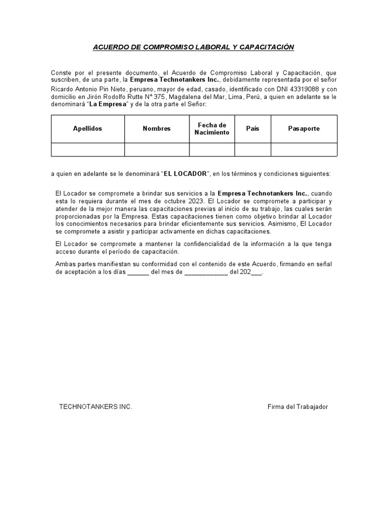 Acuerdo de Compromiso Laboral y Capacitación | PDF