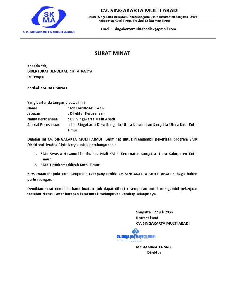 Surat Minat CV. Singakarta Multi Abadi | PDF