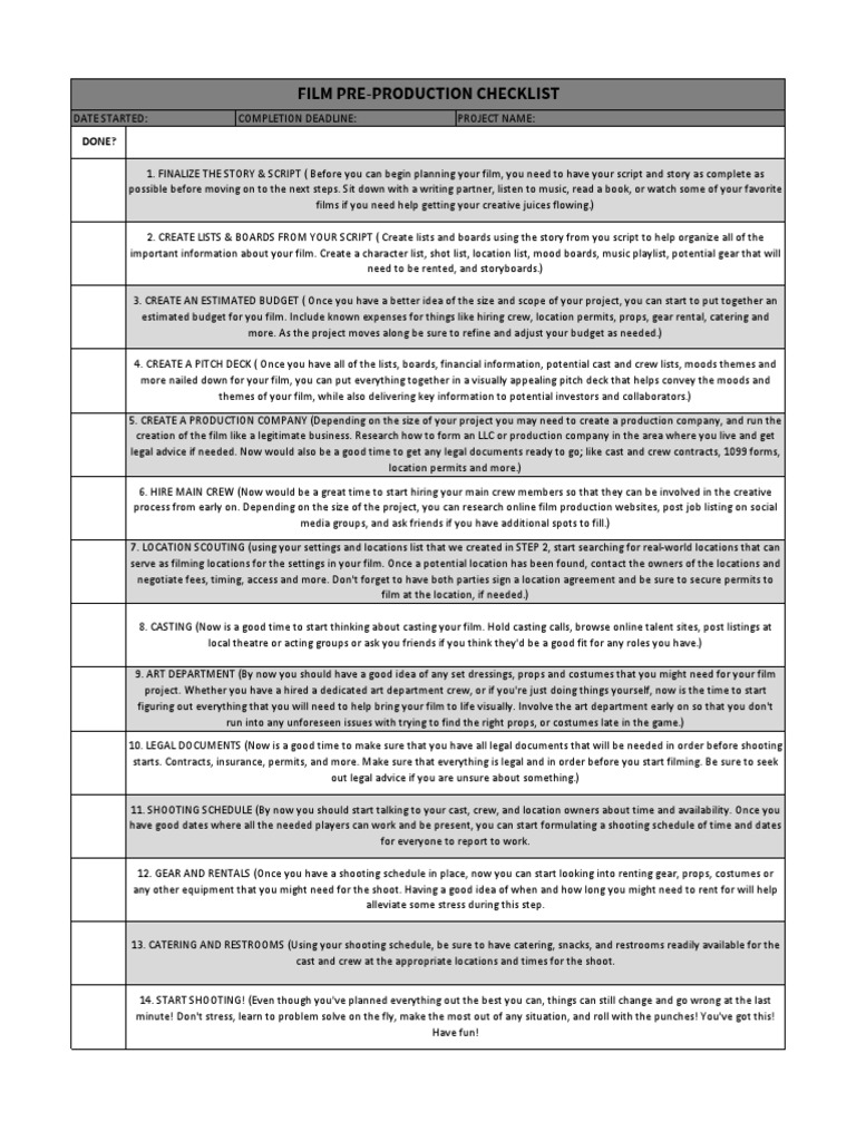 Film Pre Production Checklist Pdf