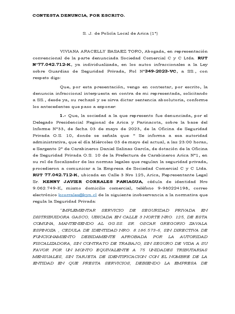 CONTESTA DENUNCIA GUARDIA DE SEGURIDAD (Rol 464-2023-VP) | PDF | Seguro ...