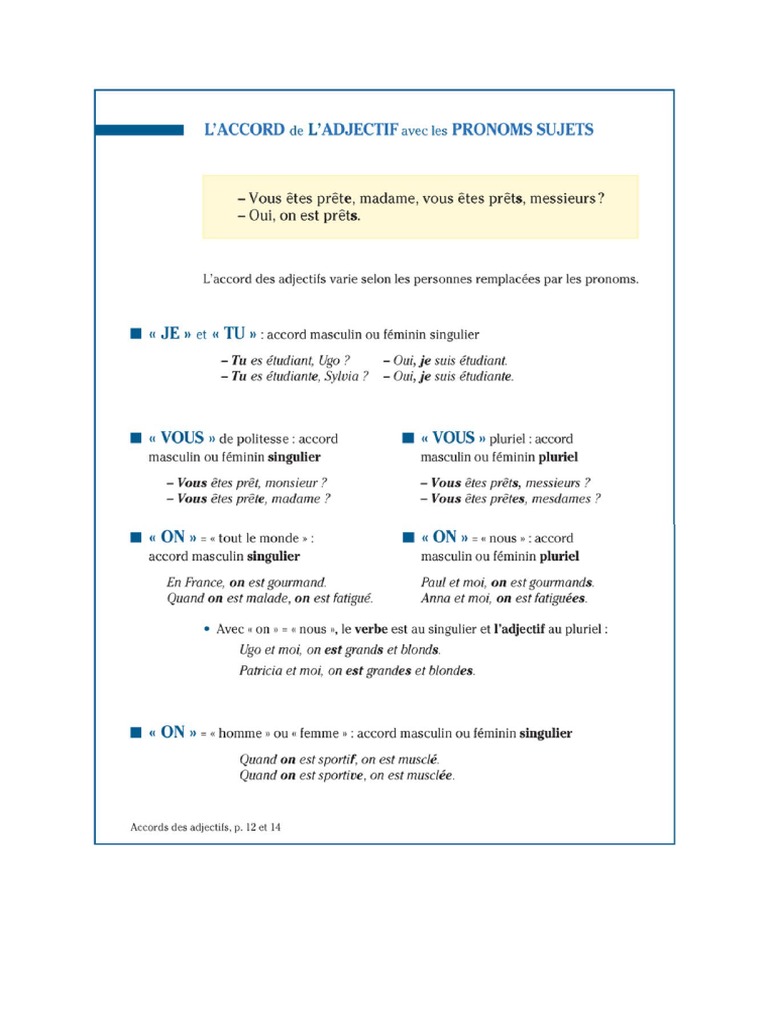 L'accord Des Adjectifs Avec Les Pronoms Sujets | PDF