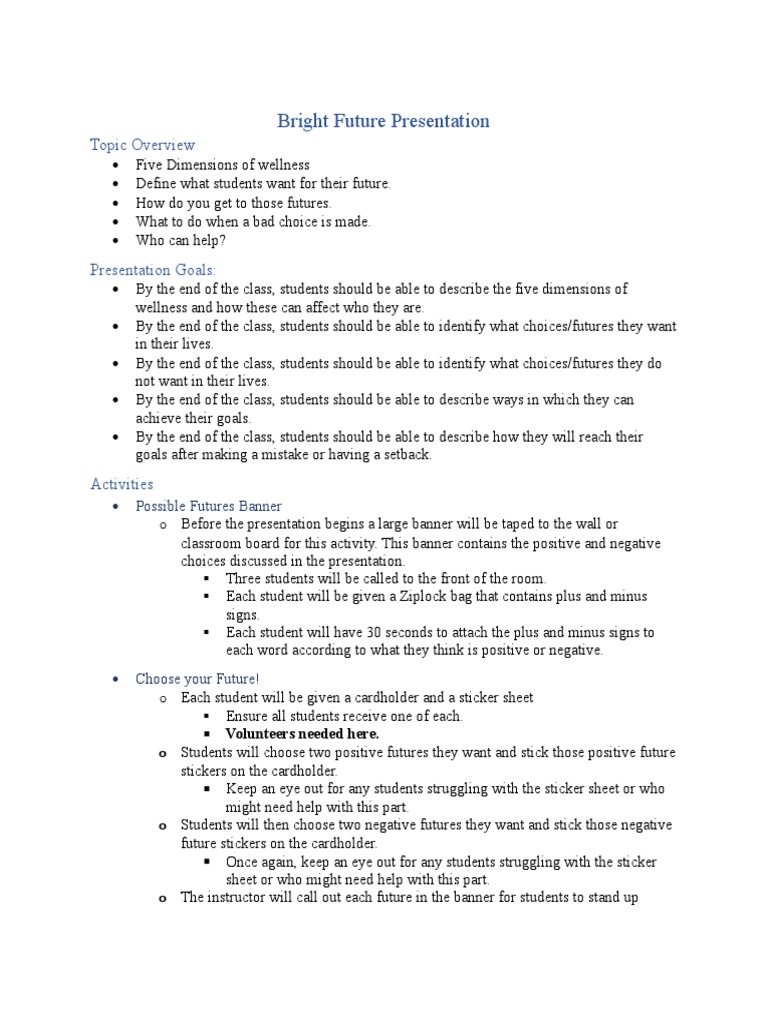 Bright Future Presentation Volunteer Outline | PDF
