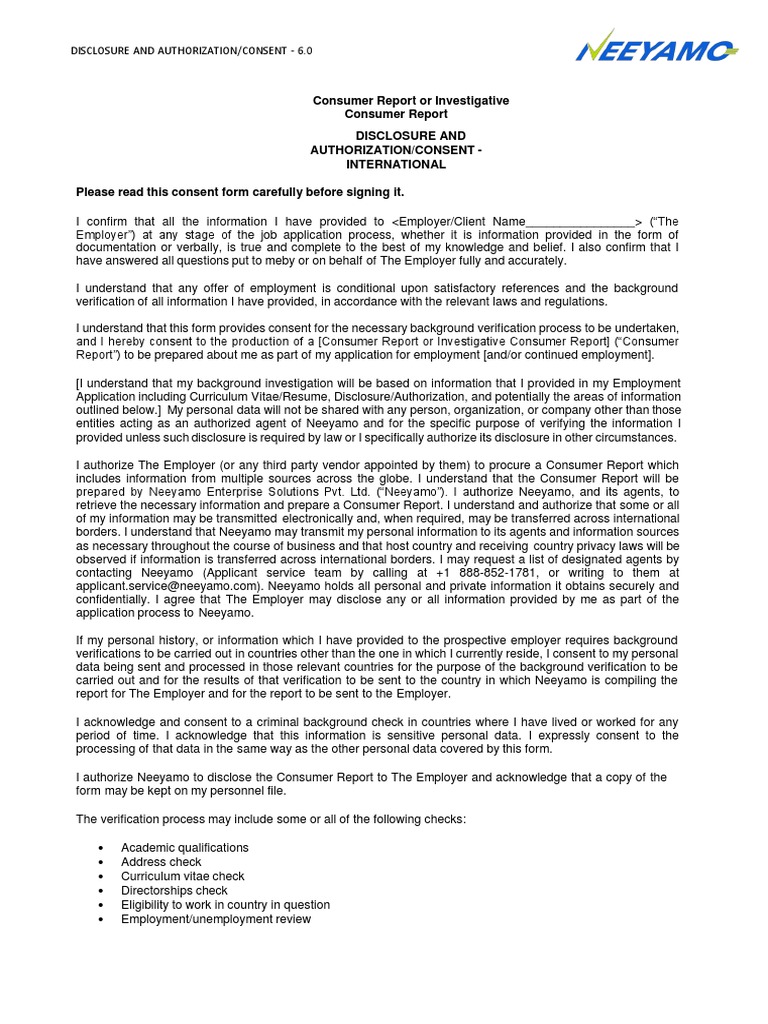 General Global Consent Form | PDF | Information | Background Check