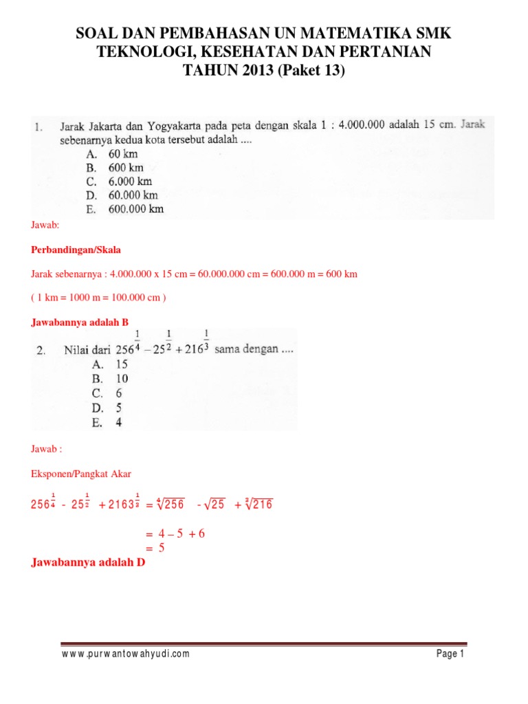 Soal Dan Pembahasan Un Matematika SMK Teknologi, Kesehatan Dan Pertanian TAHUN 2013 (Paket 13) | PDF