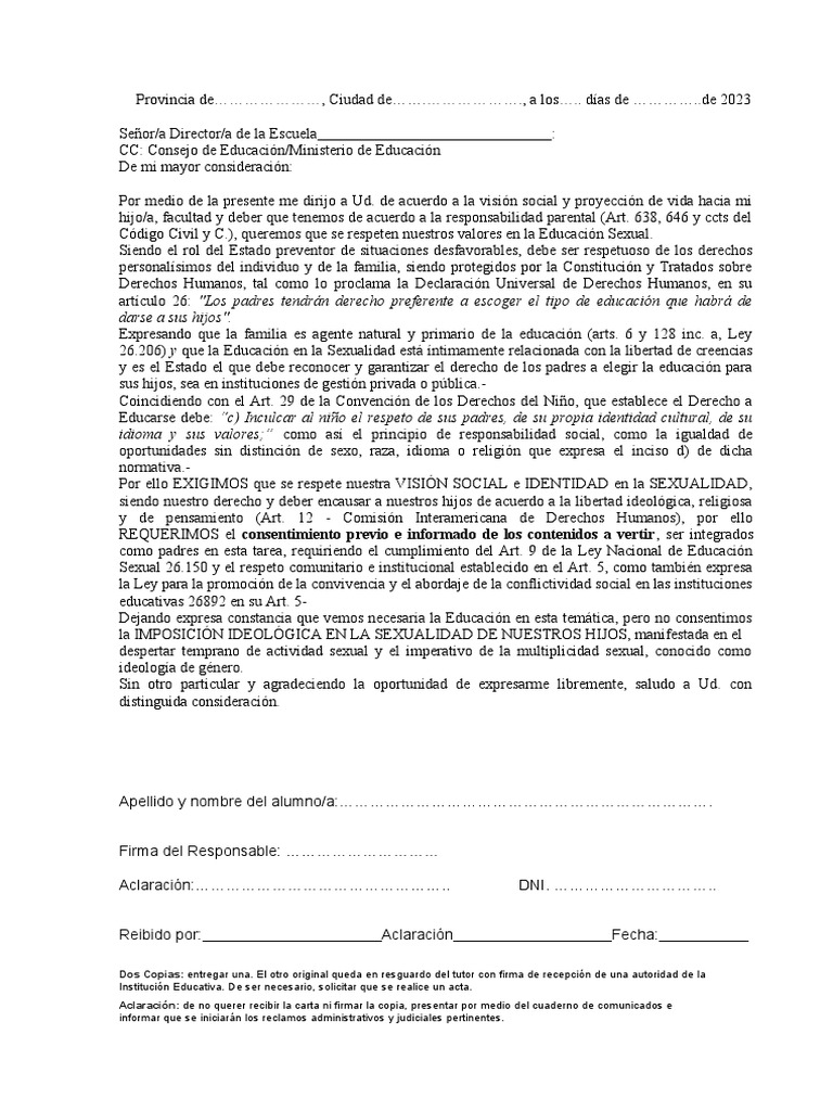 NOTA PADRES A Director de Escuela.. Exigiendo Consentimiento Previo e ...