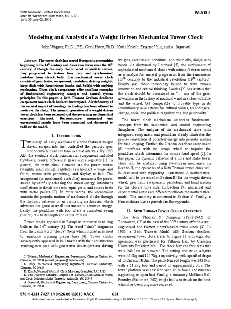 Modeling and Analysis of A Weight Driven Mechanical Tower Clock | PDF ...