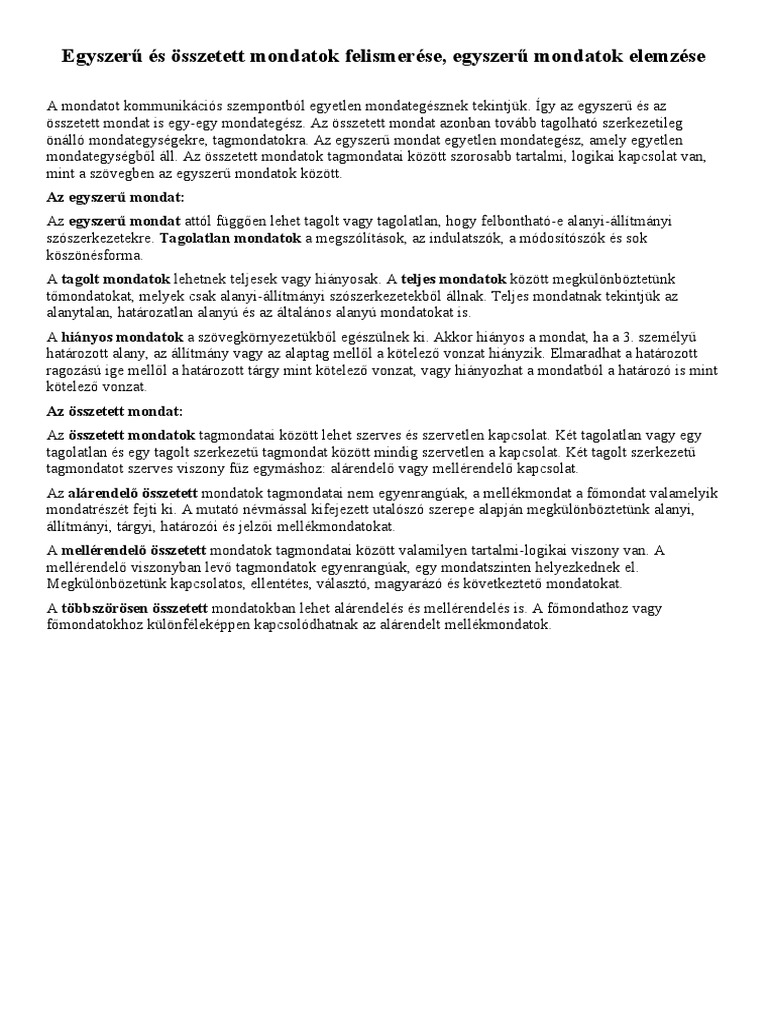 Egyszerű és összetett mondatok felismerése | PDF