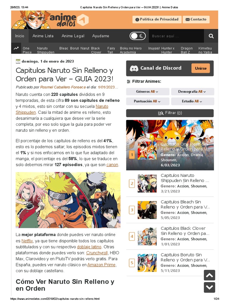 Guía de Naruto Sin Relleno 2023 | PDF | Anime y manga | Animación