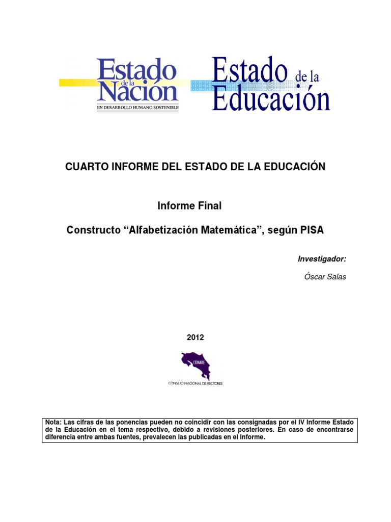 Constructo Alfabetización Matemática, Según PISA - IV Informe Estado de ...