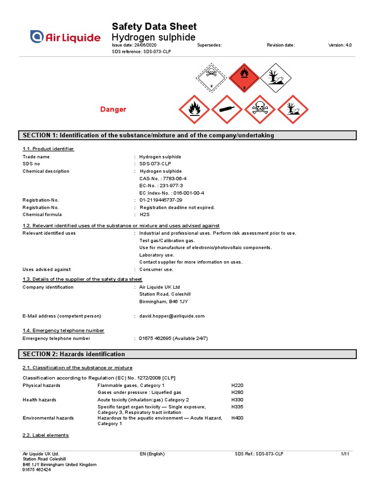 Sds 073 Clp Hydrogen Sulphide Pdf Dangerous Goods Toxicity