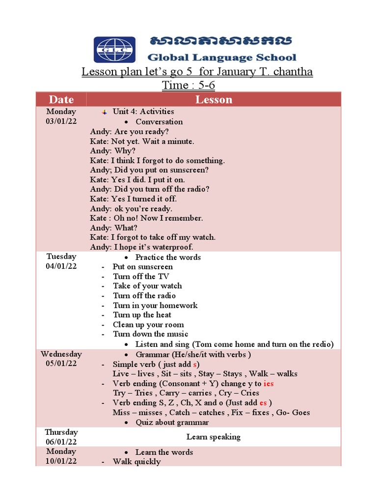 Lesson Plan Lets Go 5 For January T.chantha | PDF | English Language ...