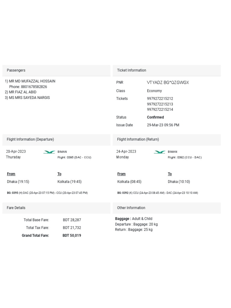 Summary of Confirmed Air of MD Mufazzal Hossain DAC CCU DAC 20 APR & 24 APR 23 | PDF