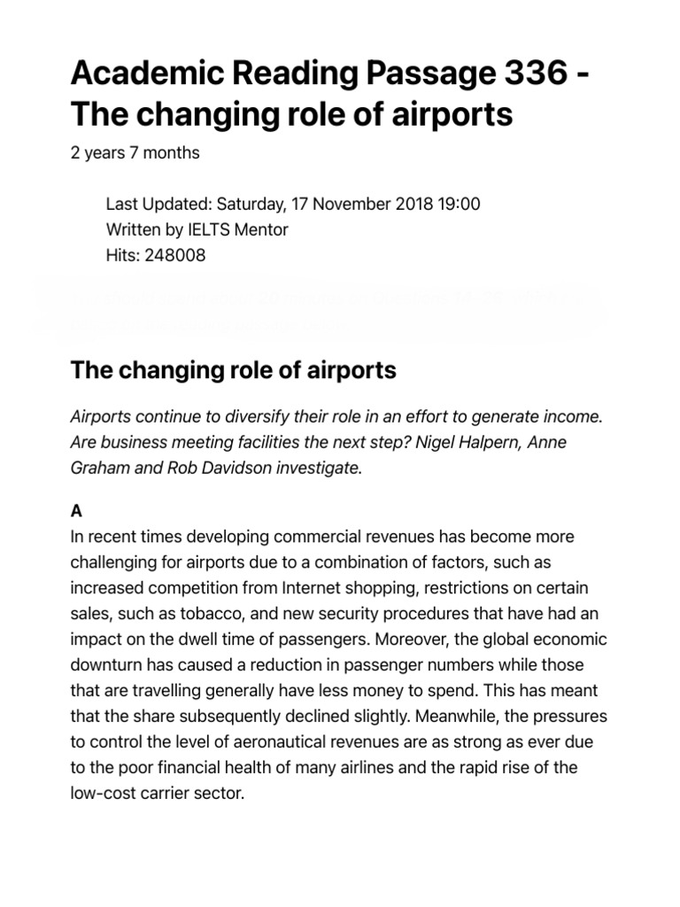 Academic Reading Passage 336 - The Changing Role of Airports | PDF ...