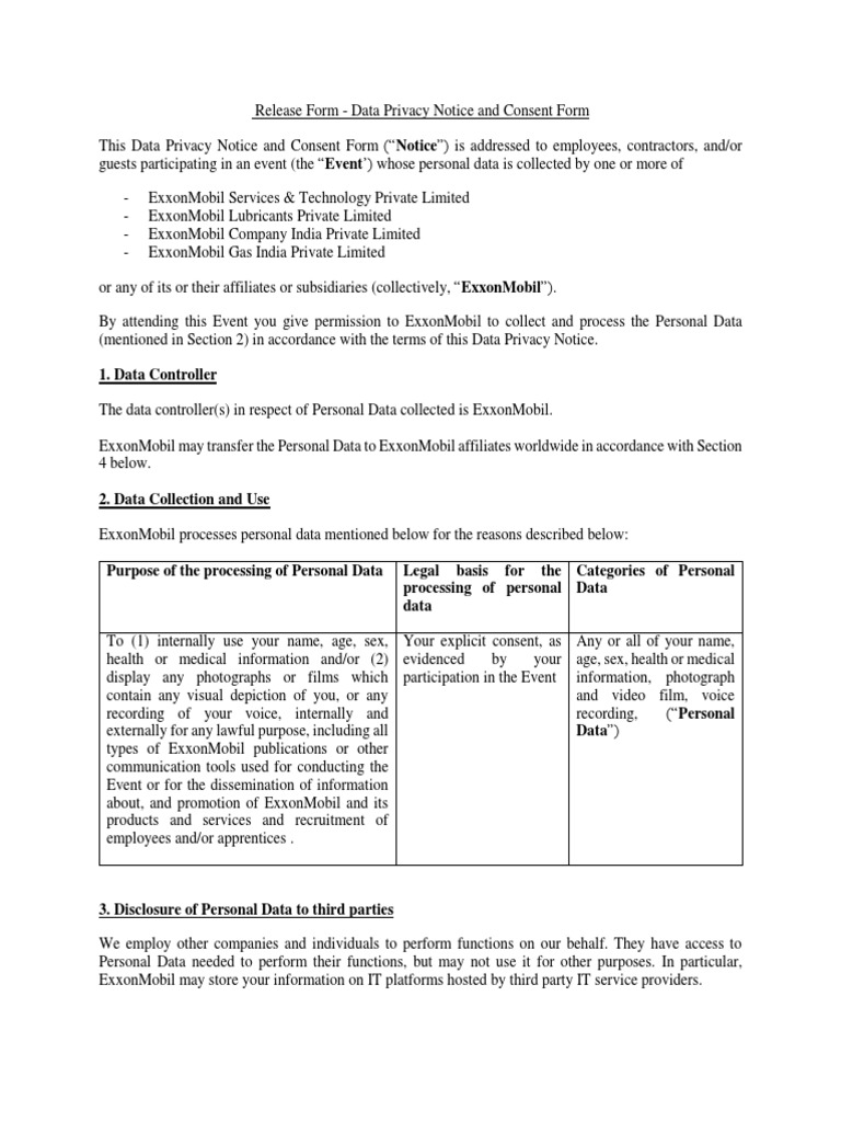 ExxonMobil Data Privacy Consent Form | PDF | Information Privacy ...