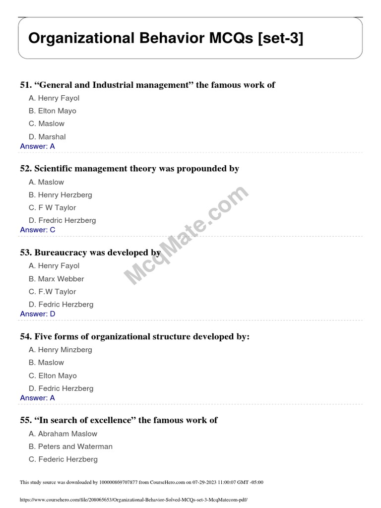 Organizational Behavior Solved MCQs Set 3 McqMate - Com PDF | PDF