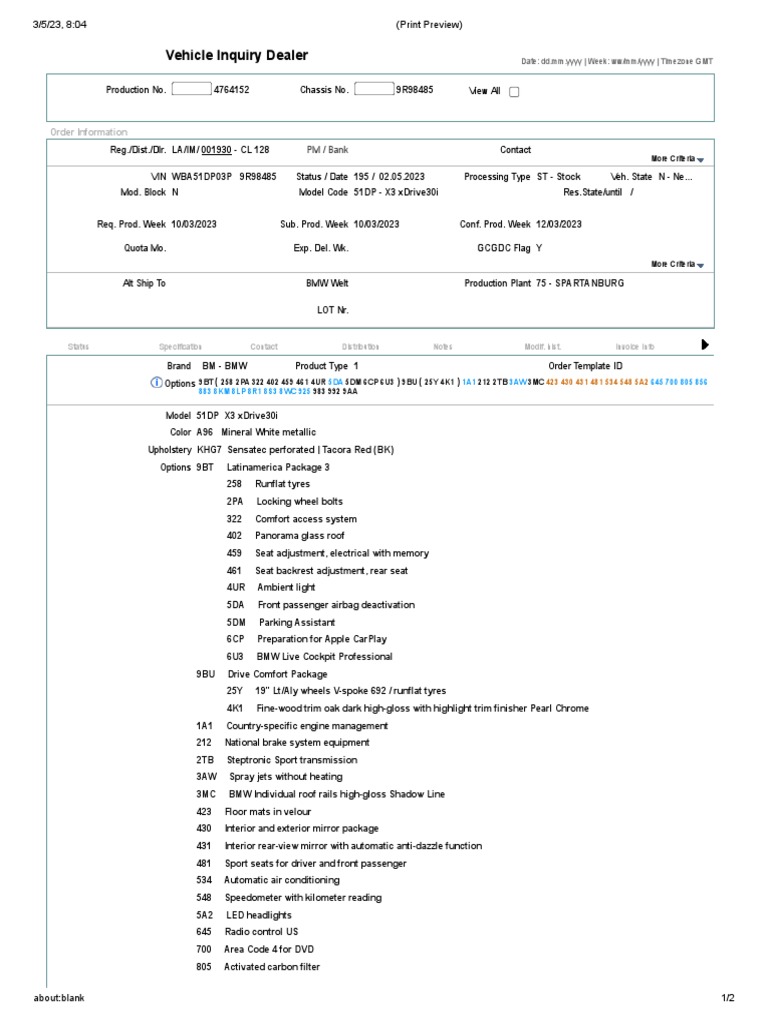 Vehicle Inquiry Dealer: Order Information | PDF | Land Vehicles | Luxury Vehicles