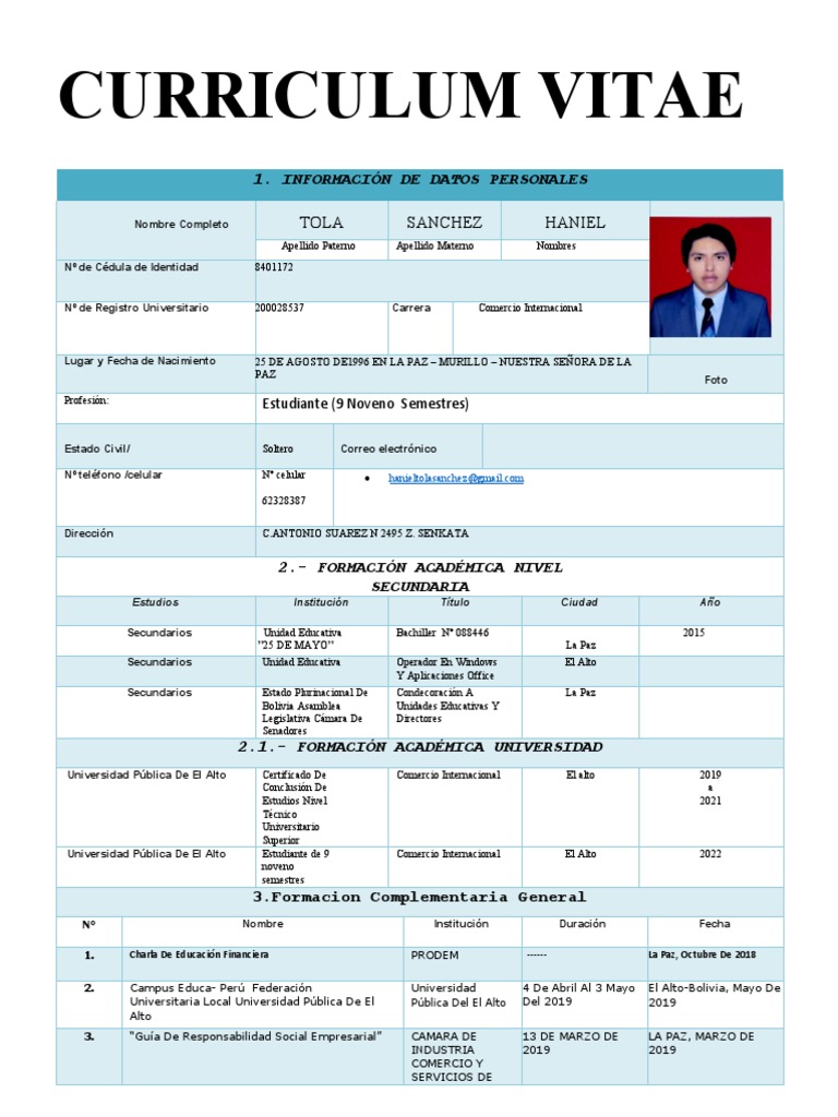 Datos Personales de Haniel Tola Sánchez | PDF | Bolivia | Business