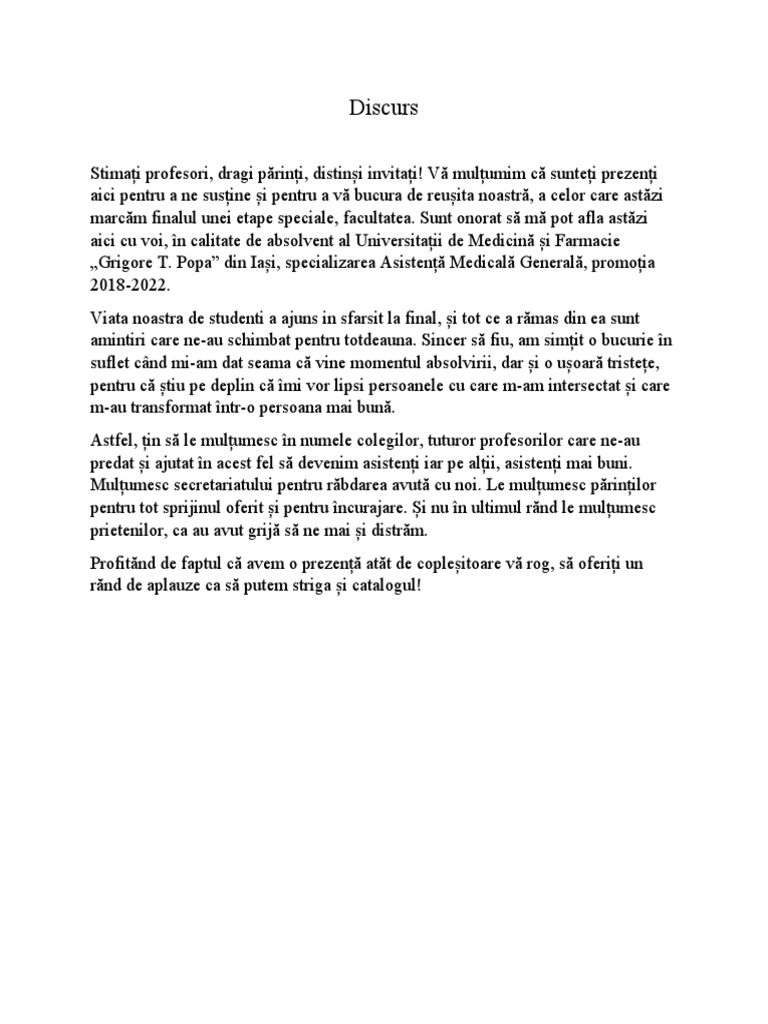 Discurs Absolvire Umf | PDF