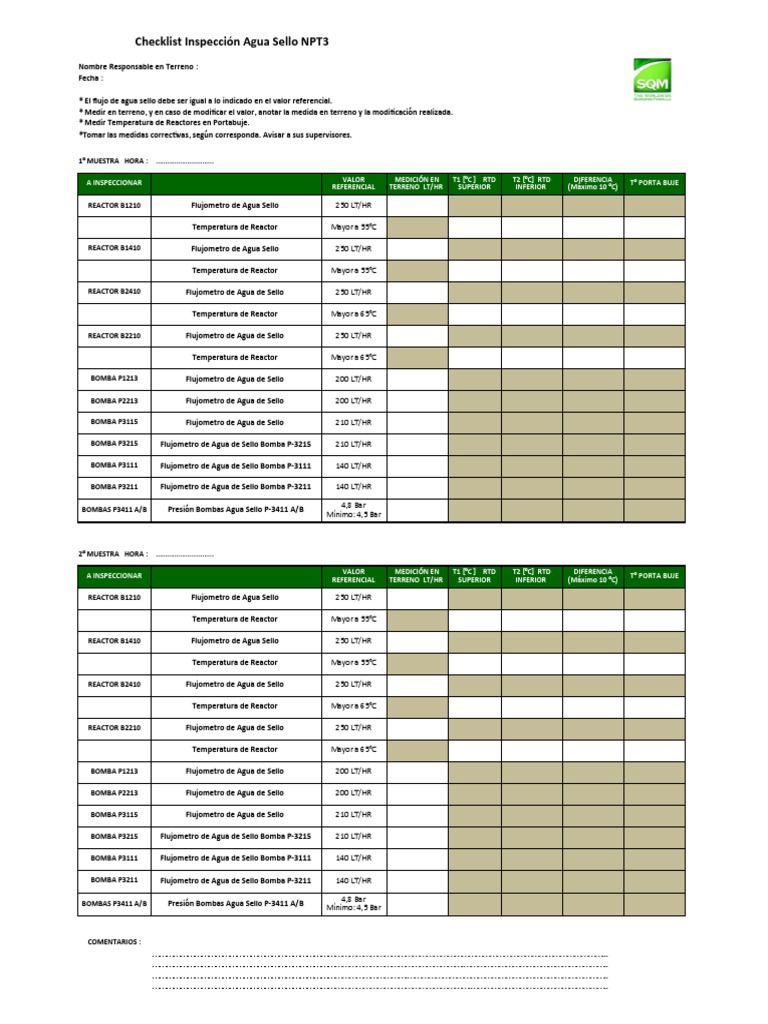 Check List Agua Sello Inspección | PDF | Medición de flujo | Física ...