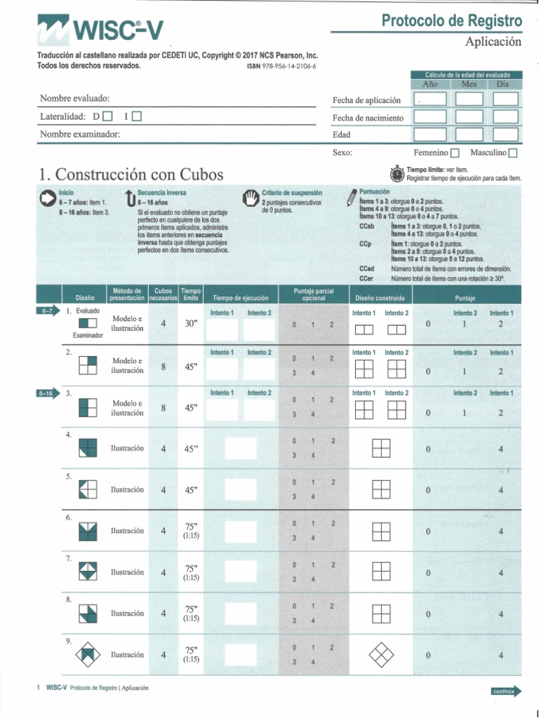 Protocolo WISC-V CALCULO CI | PDF