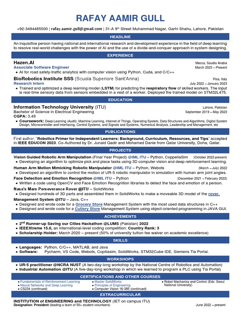 CV Rafay | Download Free PDF | Robotics | Deep Learning