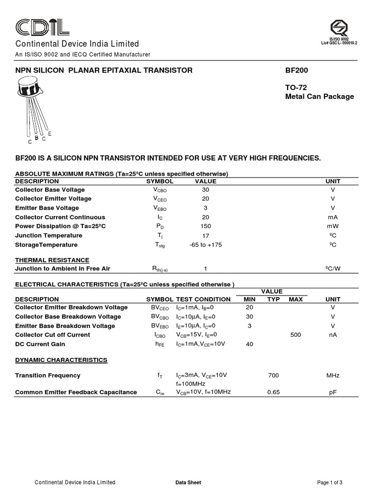BF200 | PDF | Bipolar Junction Transistor | Electrical Engineering