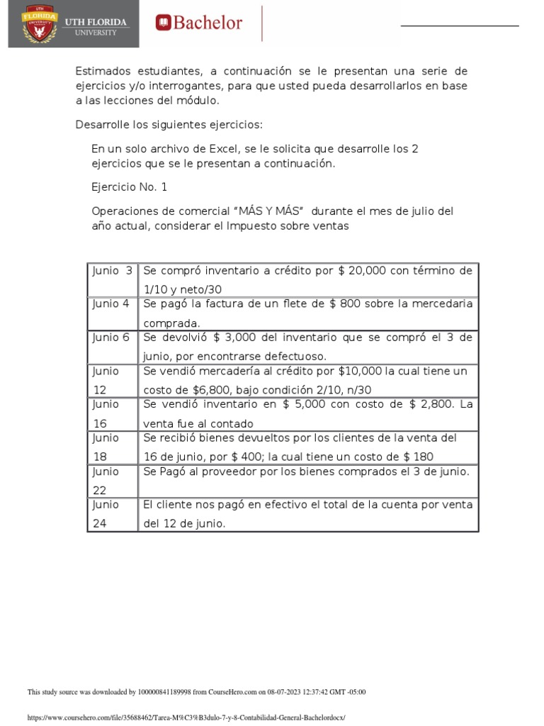 Tarea M Dulo 7 y 8 Contabilidad General Bachelor | PDF Tarea M Dulo 7 y 8 Contabilidad General Bachelor | PDF