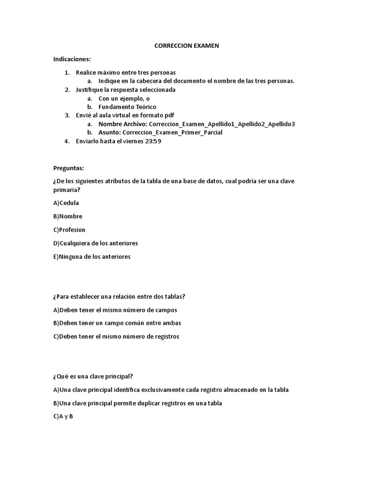 Corrección de La Prueba de Base de Datos | PDF | Bases de datos | Base ... Corrección de La Prueba de Base de Datos | PDF | Bases de datos | Base ...