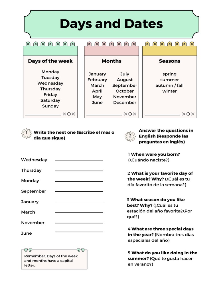 Pastel Simple English Days and Dates Worksheet | PDF