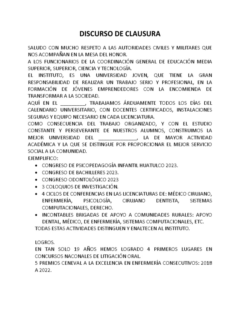 Discurso de Clausura | PDF | Enfermería