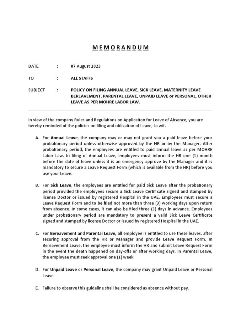 Leave Memo | Download Free PDF | Sick Leave | Parental Leave