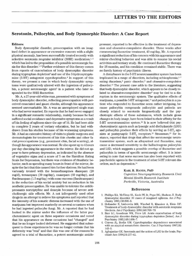Serotonin, Psilocybin and Body Dysmorphic Disorder - A Case Report ...