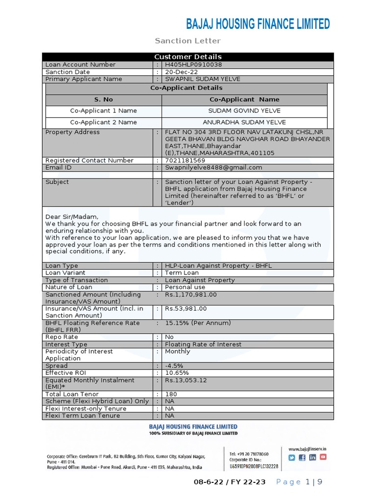 ESanction Letter BHFL | PDF